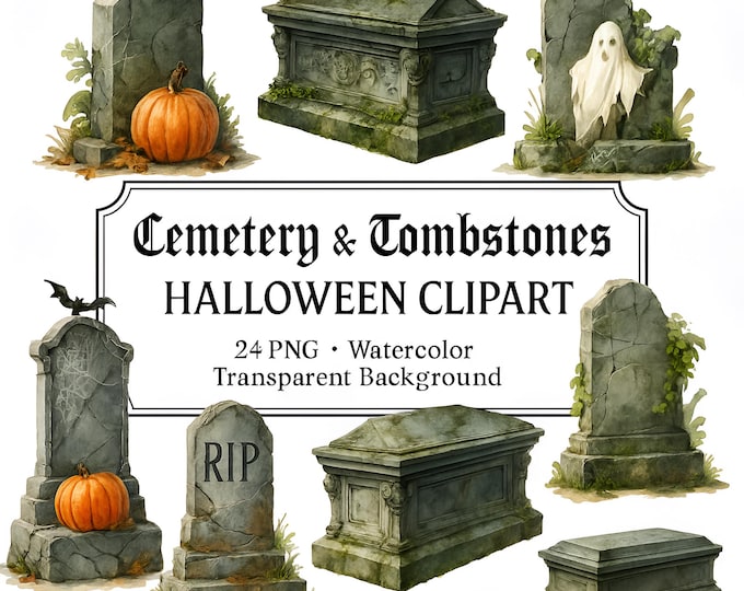Watercolor Tombstone Clipart Bundle, Spooky Gravestones Clipart ...