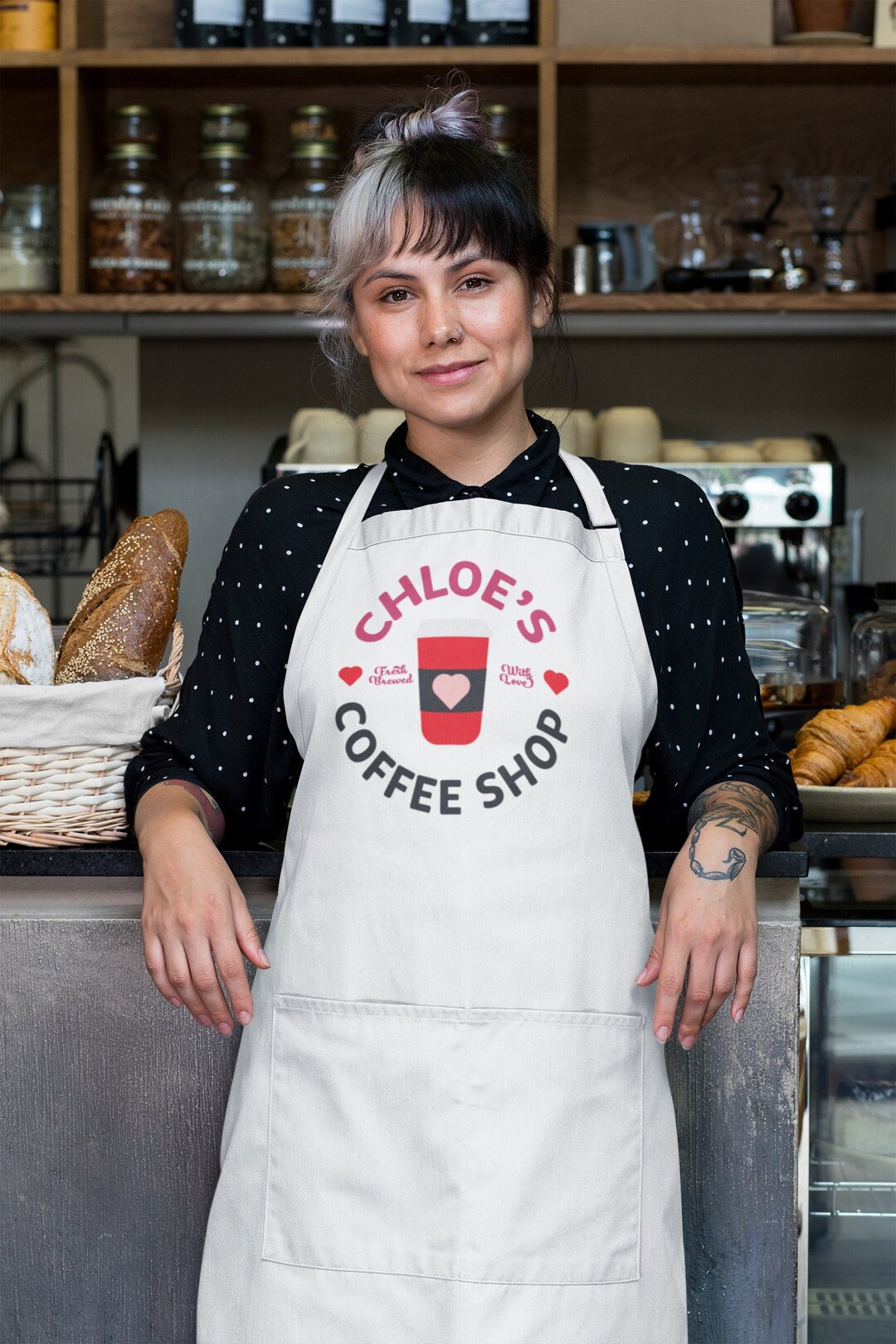 Personalized Apron With Coffee Logo, Cute Coffee Apron, Customized Name ...