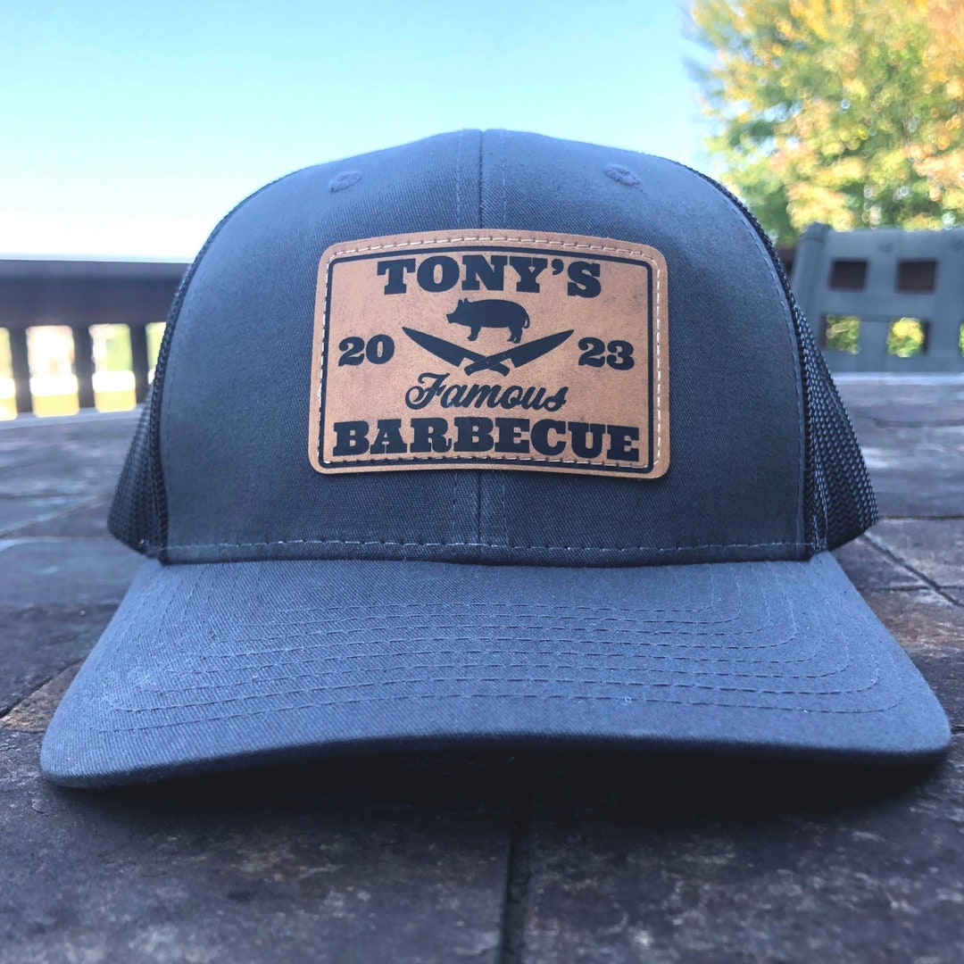 Personalized BBQ Snapback Hat, Leather Patch Curved Billtrucker Hat ...