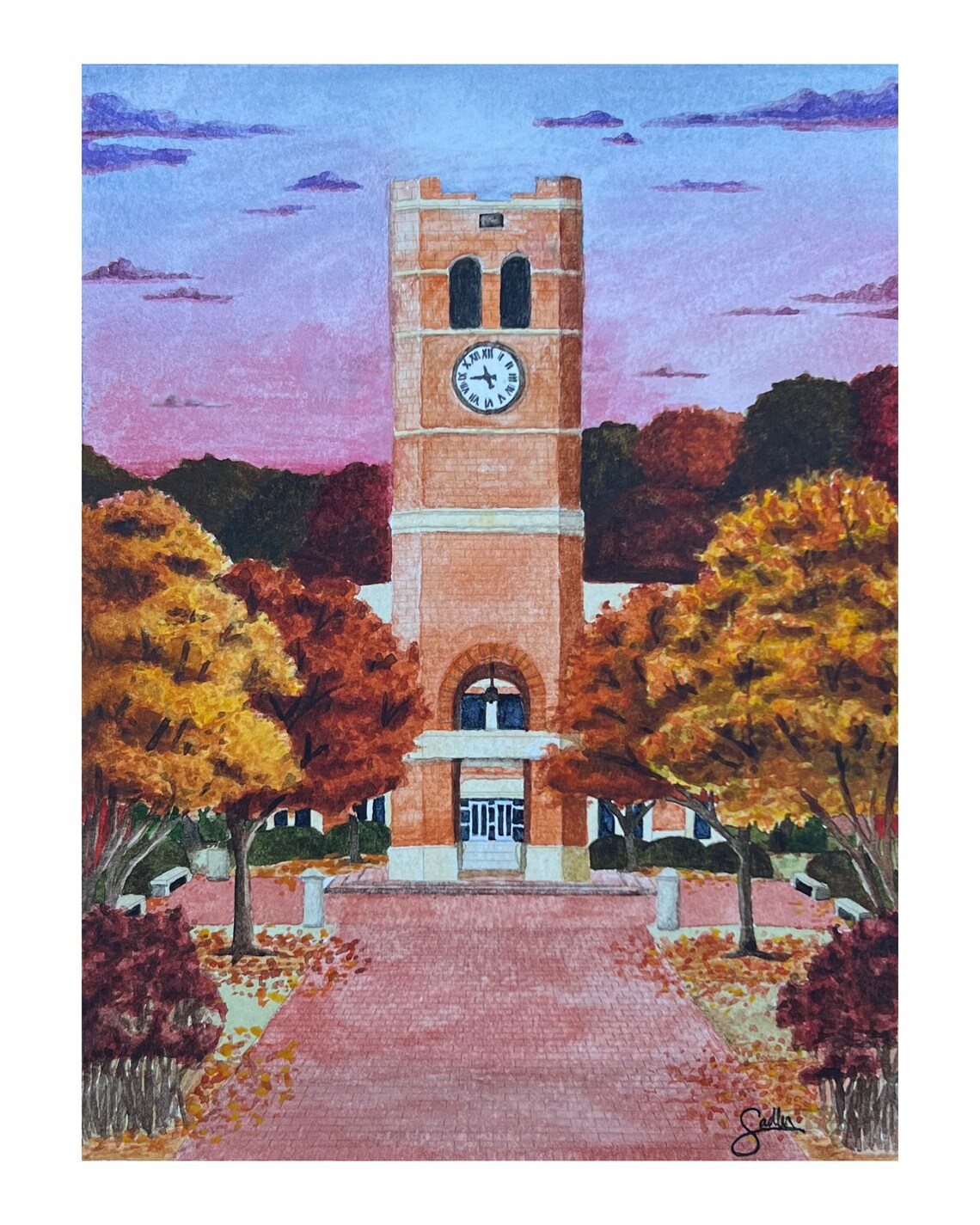 WCU Clocktower Watercolor Print, Western Carolina University Painting ...