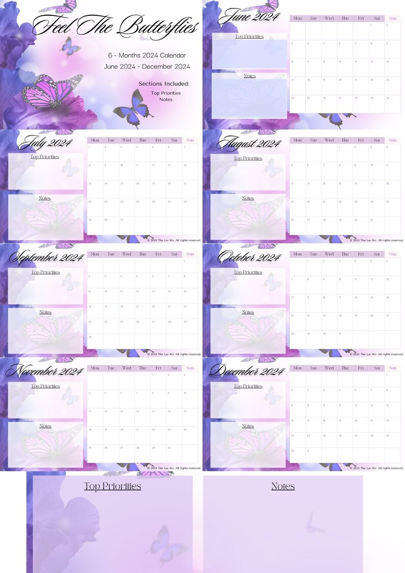 Feel the Butterflies - 6months Calendar - June 2024 to December 2024 ...