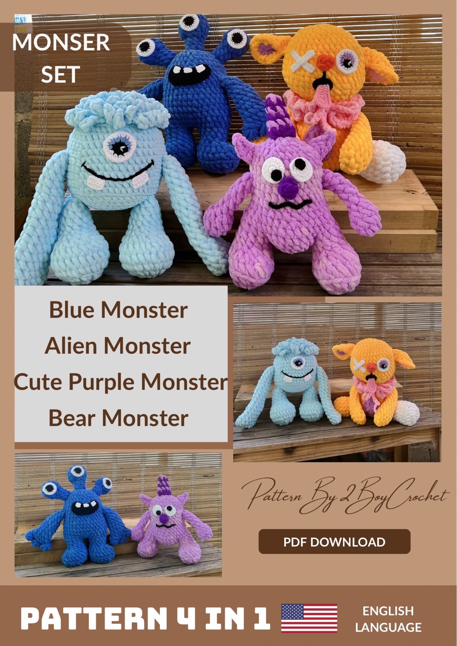 Pattern Monster Set,pdf Monter 4 in 1,crochet Monster Halloween ...