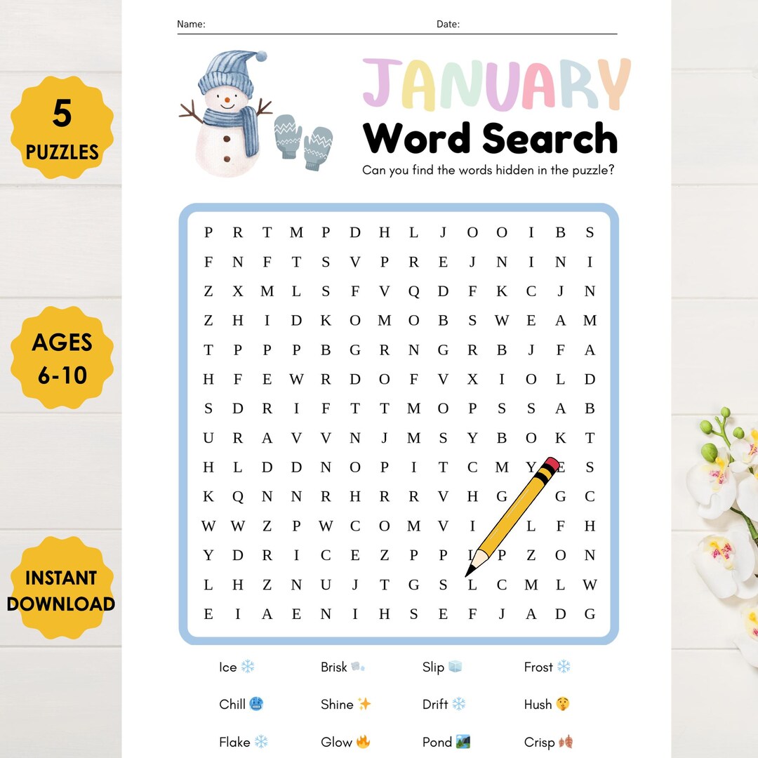 5 January Word Search Printable PDF, Fun Winter Activity for Kids ...