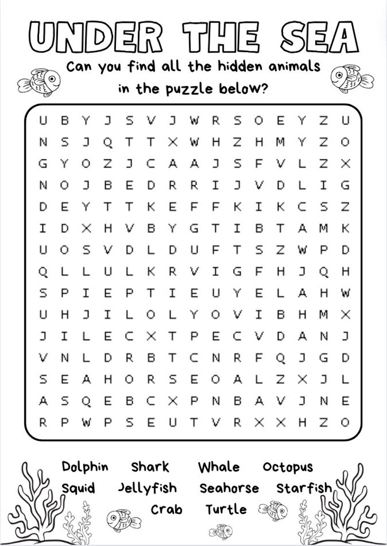 Under the Sea Kids Wordsearch Puzzle: Kids Colouring and Literacy ...
