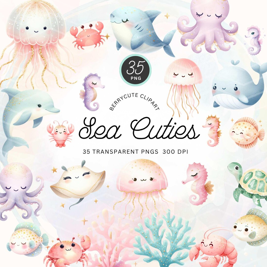 Under the Sea Glitter Clipart Pack, Cute Underwater Creatures, Dolphin ...