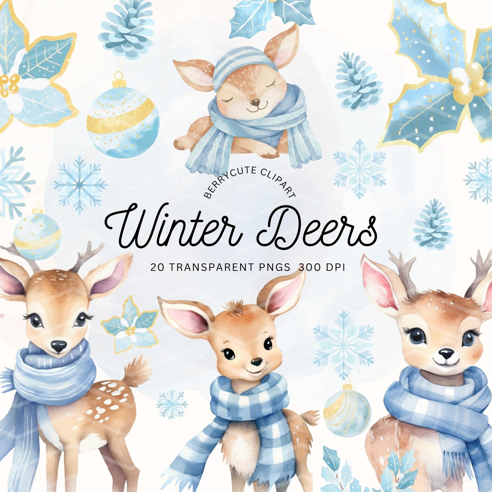Winter Deer Clipart Pack, Deer Clipart, Blue Deer PNG, Winter ...