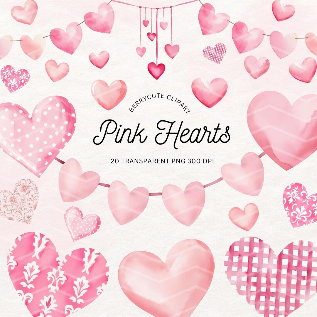 Watercolor Pink Heart Clipart Pack, Valentine Heart Clipart, Hanging ...