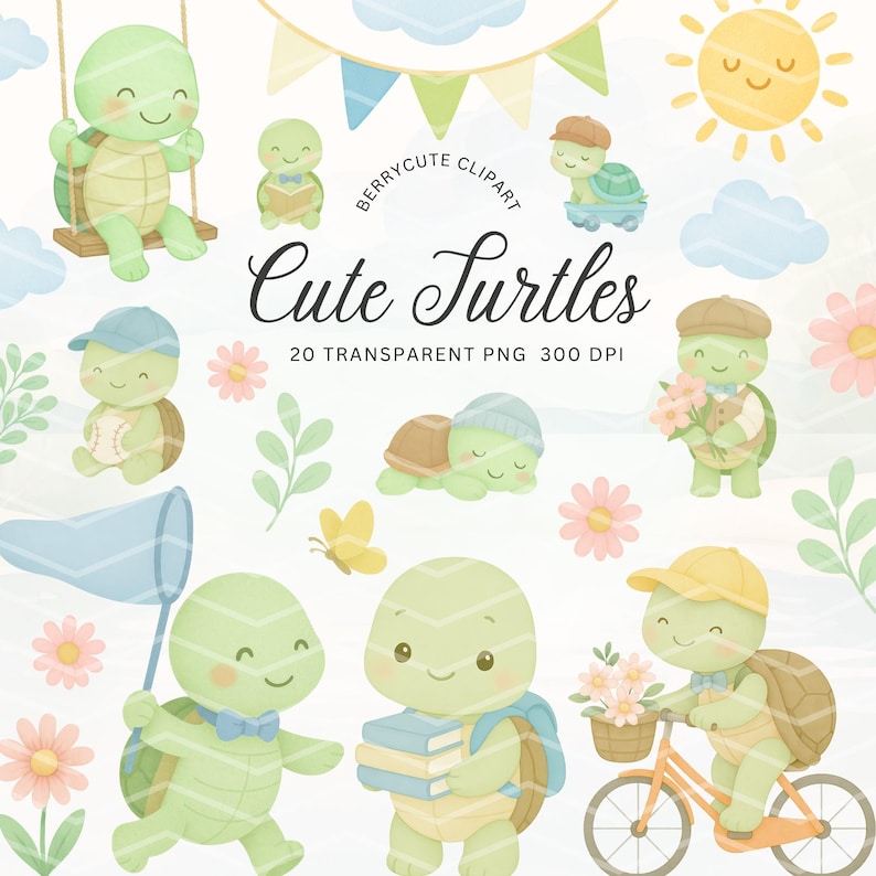 Cute Turtle Clipart Pack, Watercolor Turtle, Turtle Flower Clipart ...