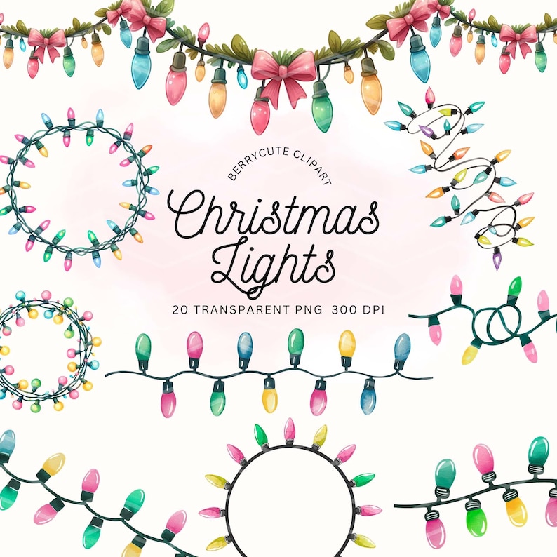 Watercolor Christmas Lights Clipart, Cute String Lights PNG, Holiday ...