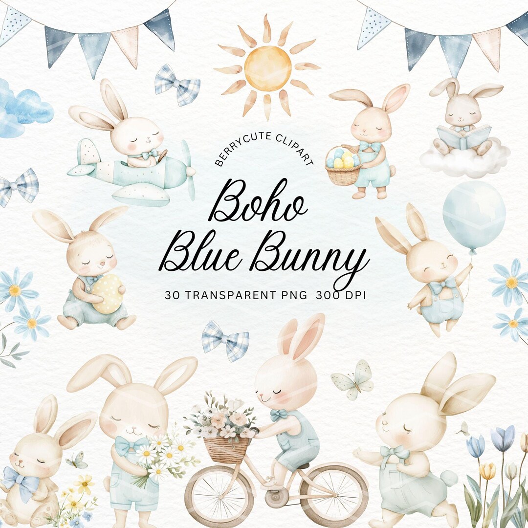 Boho Bunny Clipart Pack, Watercolor Rabbit Illustrations, Boho Easter ...