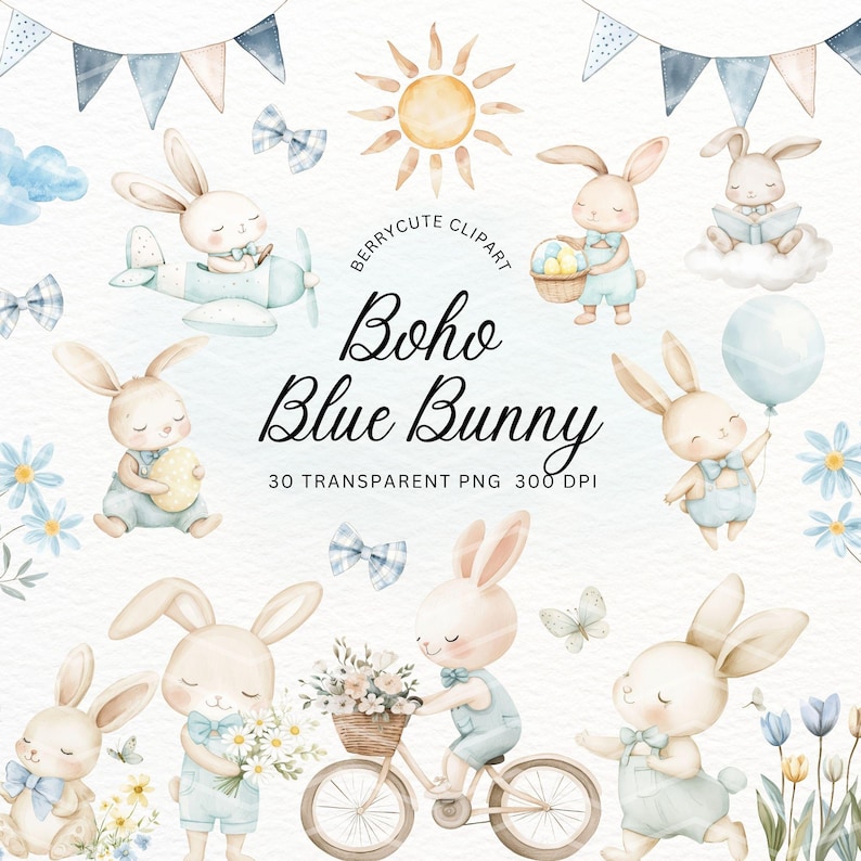 Boho Bunny Clipart Pack, Watercolor Rabbit Illustrations, Boho Easter ...