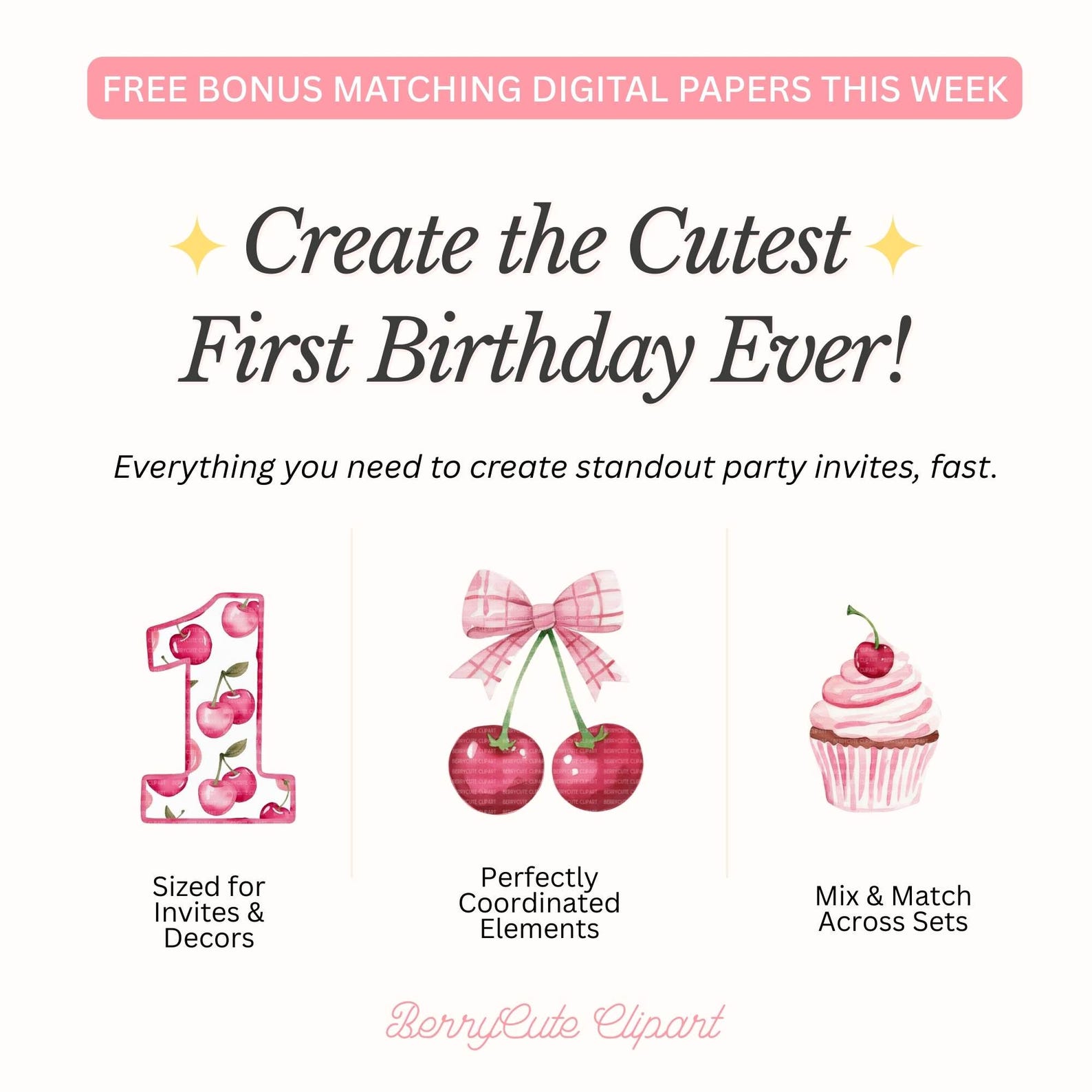 Cherry First Birthday Clipart, Sweet One PNG, Watercolor Cherry, Cherry ...