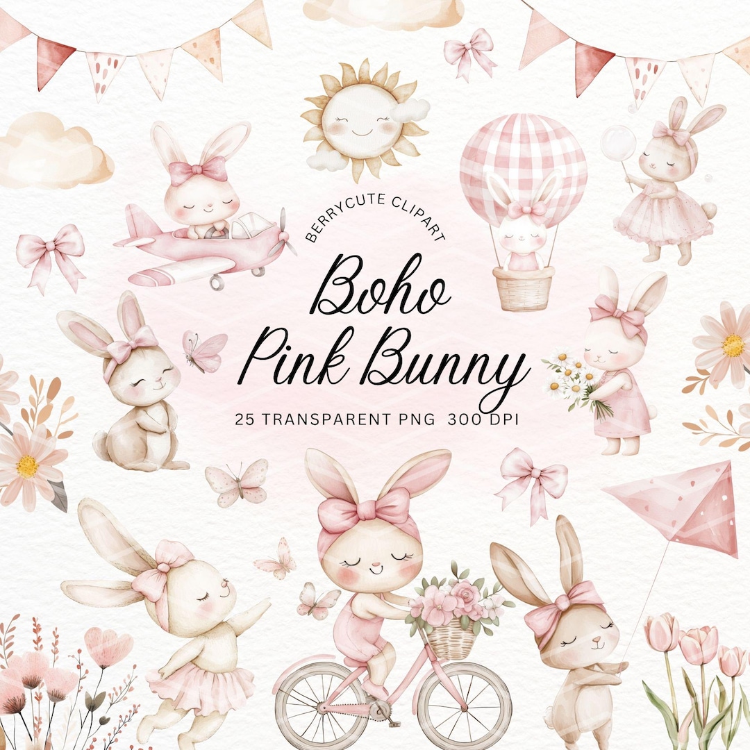 Boho Pink Bunny Clipart Pack, Watercolor Rabbit Illustrations, Boho ...