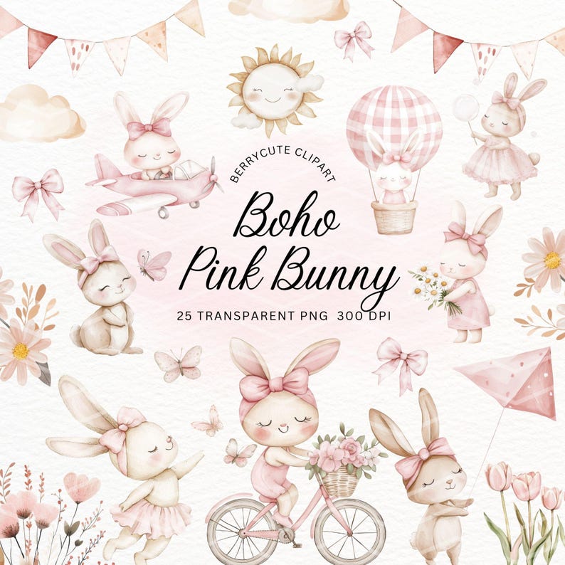 Boho Pink Bunny Clipart Pack, Watercolor Rabbit Illustrations, Boho ...