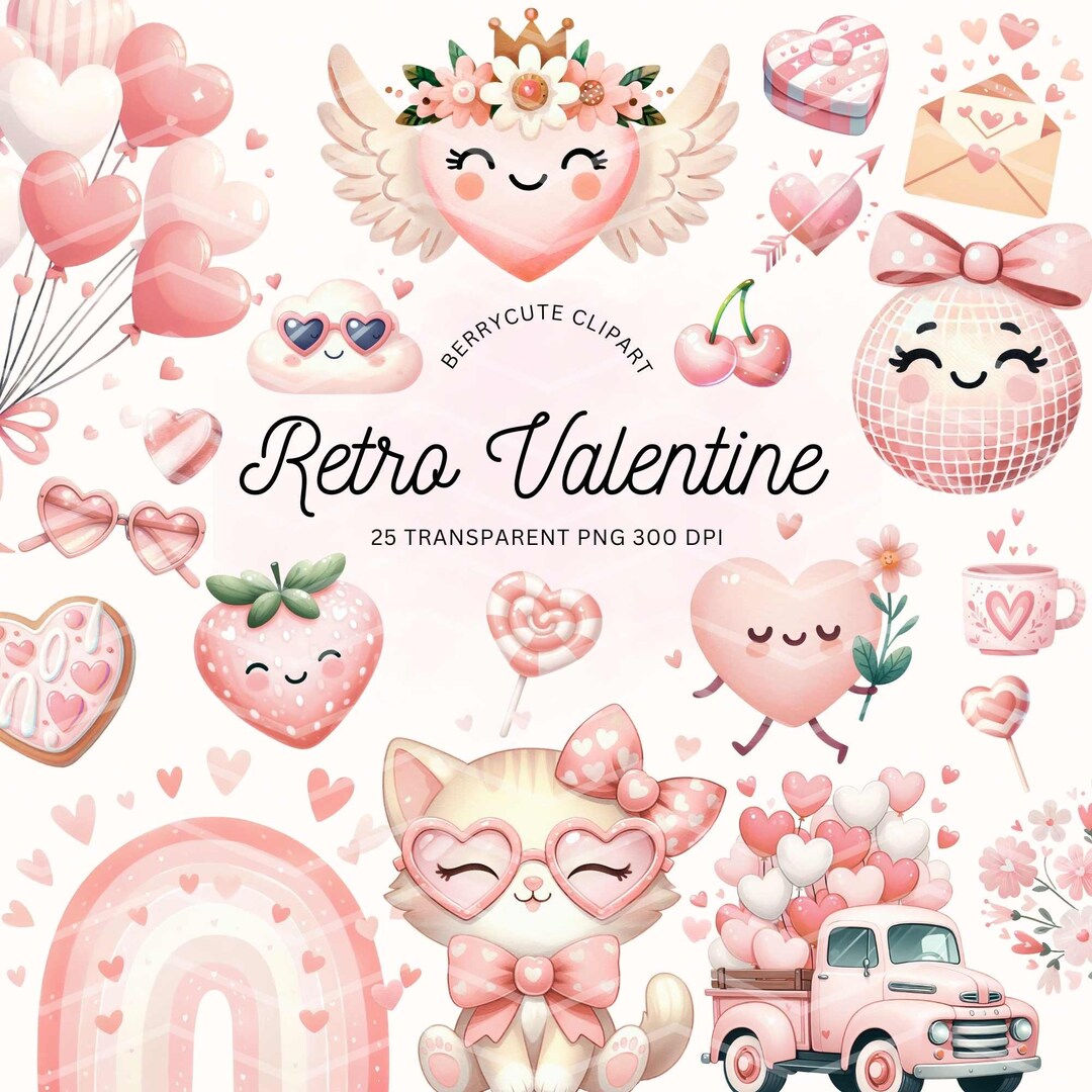 Cute Retro Valentine Clipart: Groovy Hippie Love, Pink Heart PNG ...