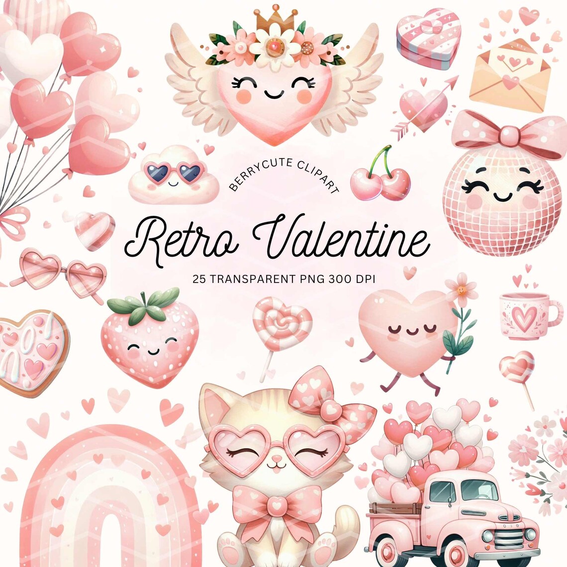 Cute Retro Valentine Clipart: Groovy Hippie Love, Pink Heart PNG ...