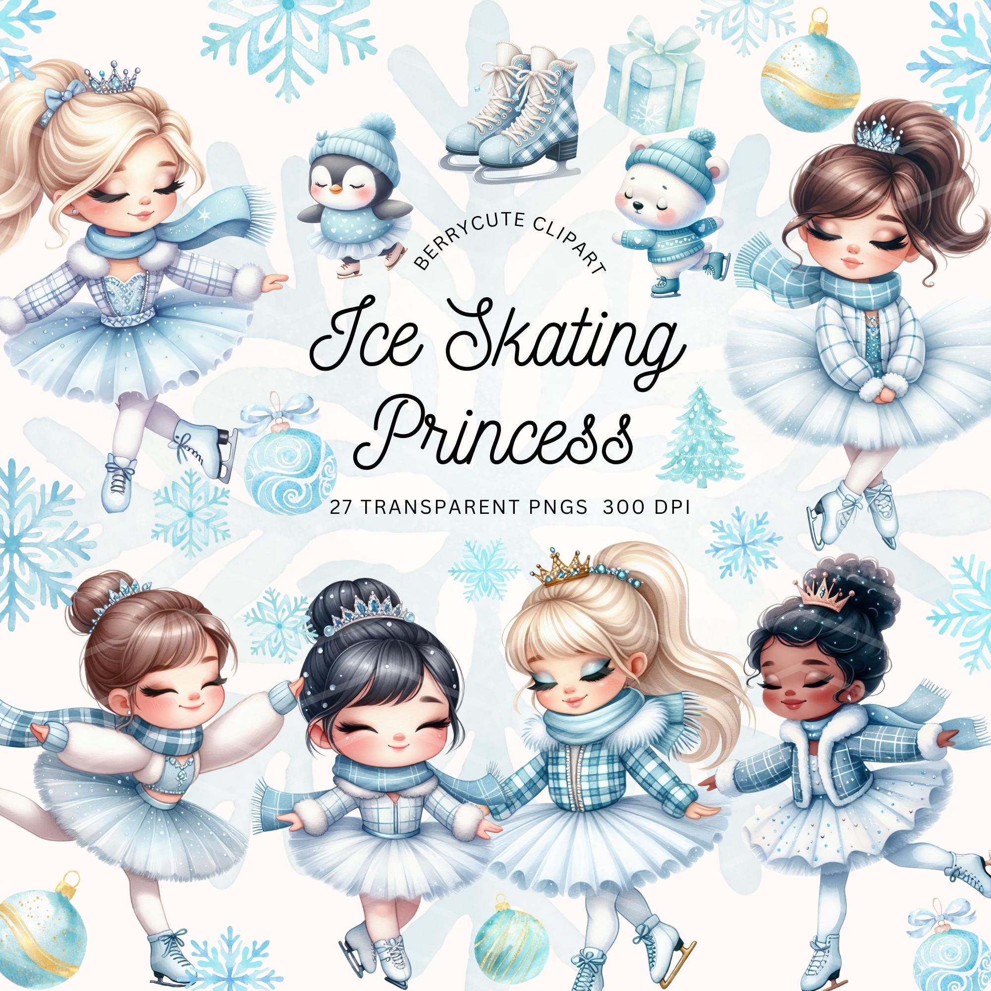 Blue Ice Skating Princess Clipart, Christmas Ballerina Clipart, Winter ...
