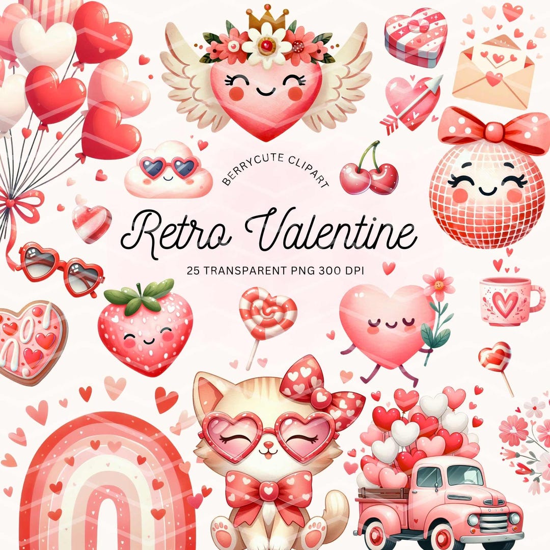 Cute Retro Valentine Clipart: Groovy Hippie Love, Red Heart PNG ...