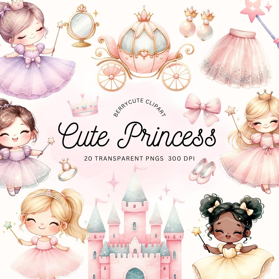 Pink Princesses Watercolor Clipart Pack, Princess Castle PNG, Fairytale ...