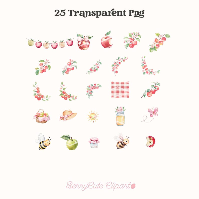 Apple Clipart Pack, Summer Picnic Clipart, Cute Fruit PNG, Watercolor ...