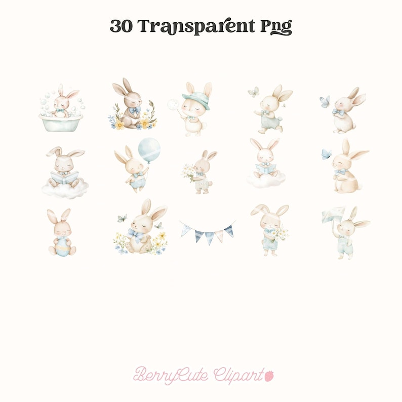 Boho Bunny Clipart Pack, Watercolor Rabbit Illustrations, Boho Easter ...