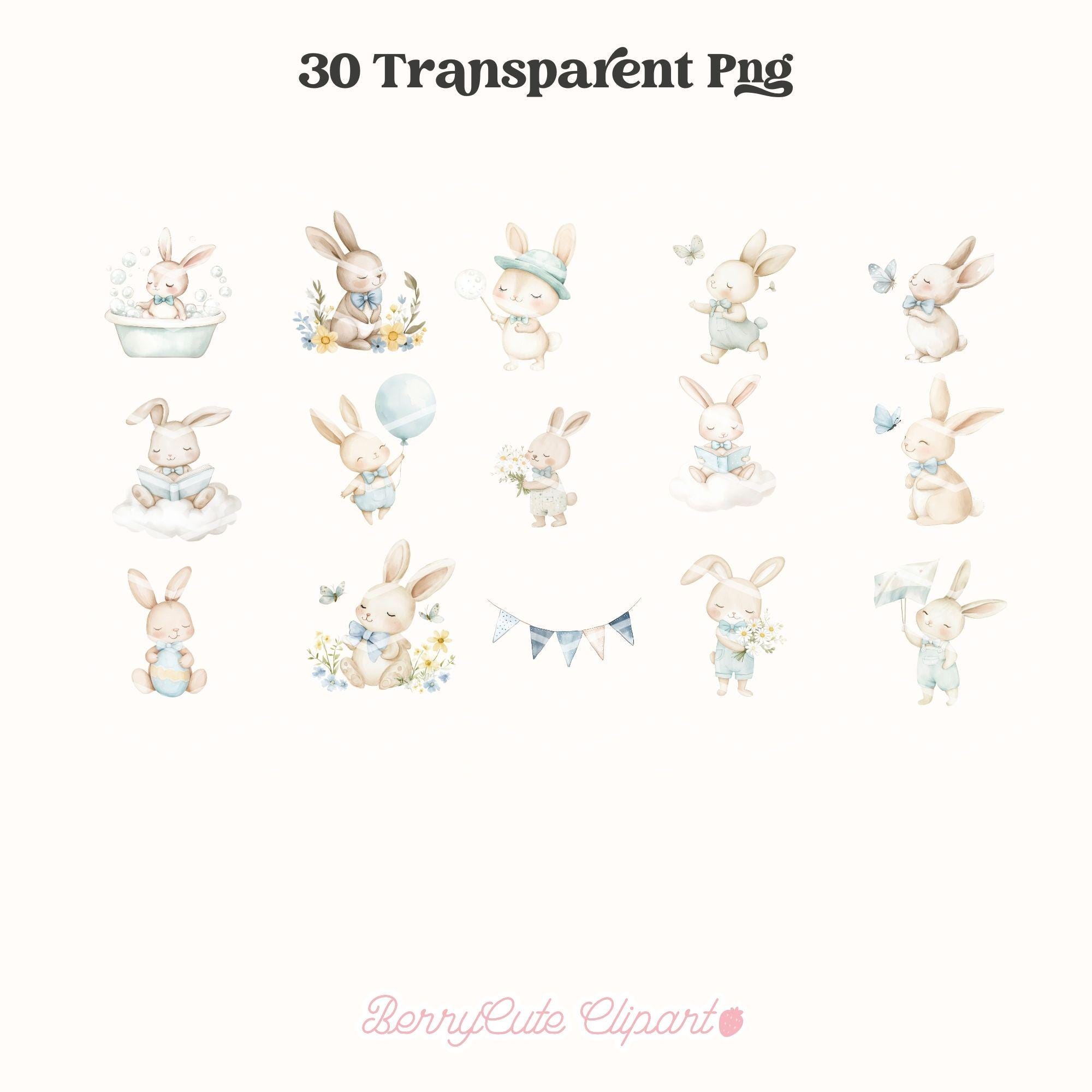 Boho Bunny Clipart Pack, Watercolor Rabbit Illustrations, Boho Easter ...
