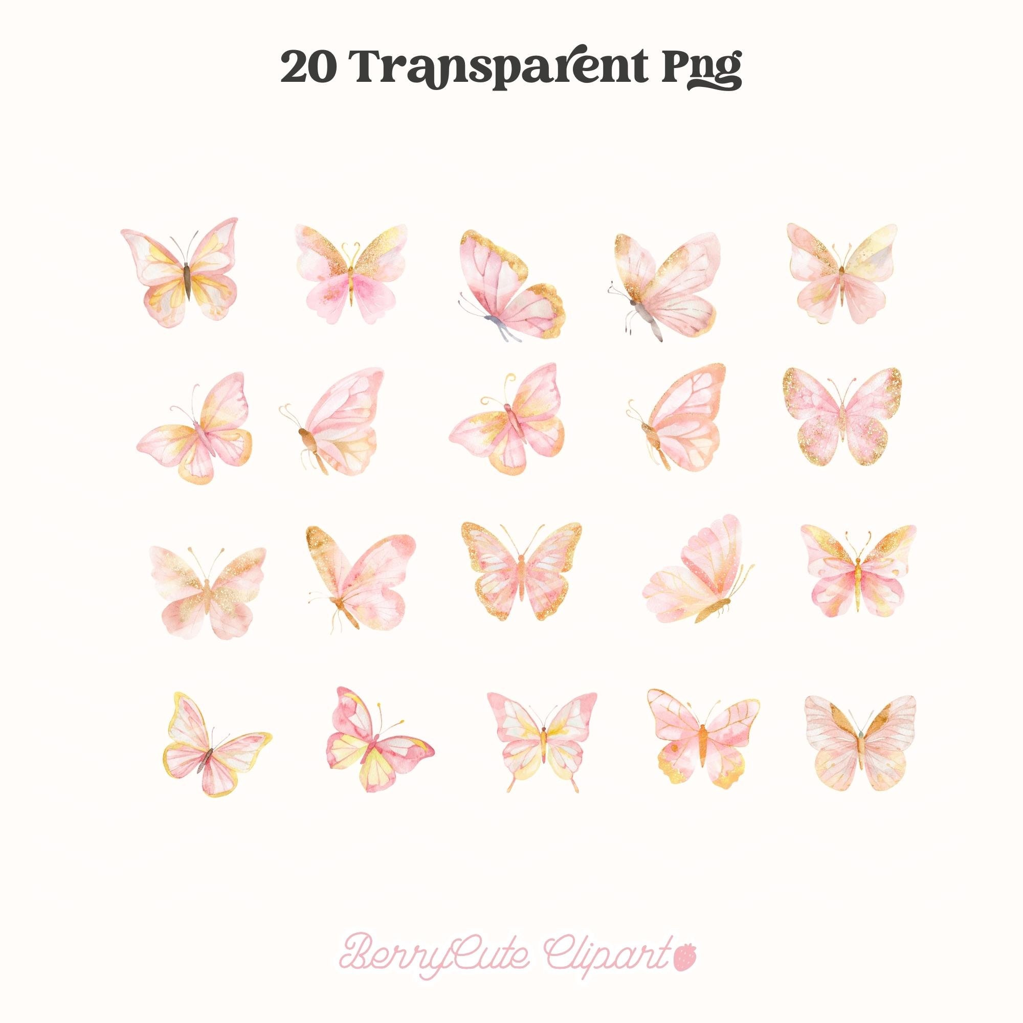 Pink Gold Butterfly Clipart Pack, Butterfly Illustration, Butterfly PNG ...