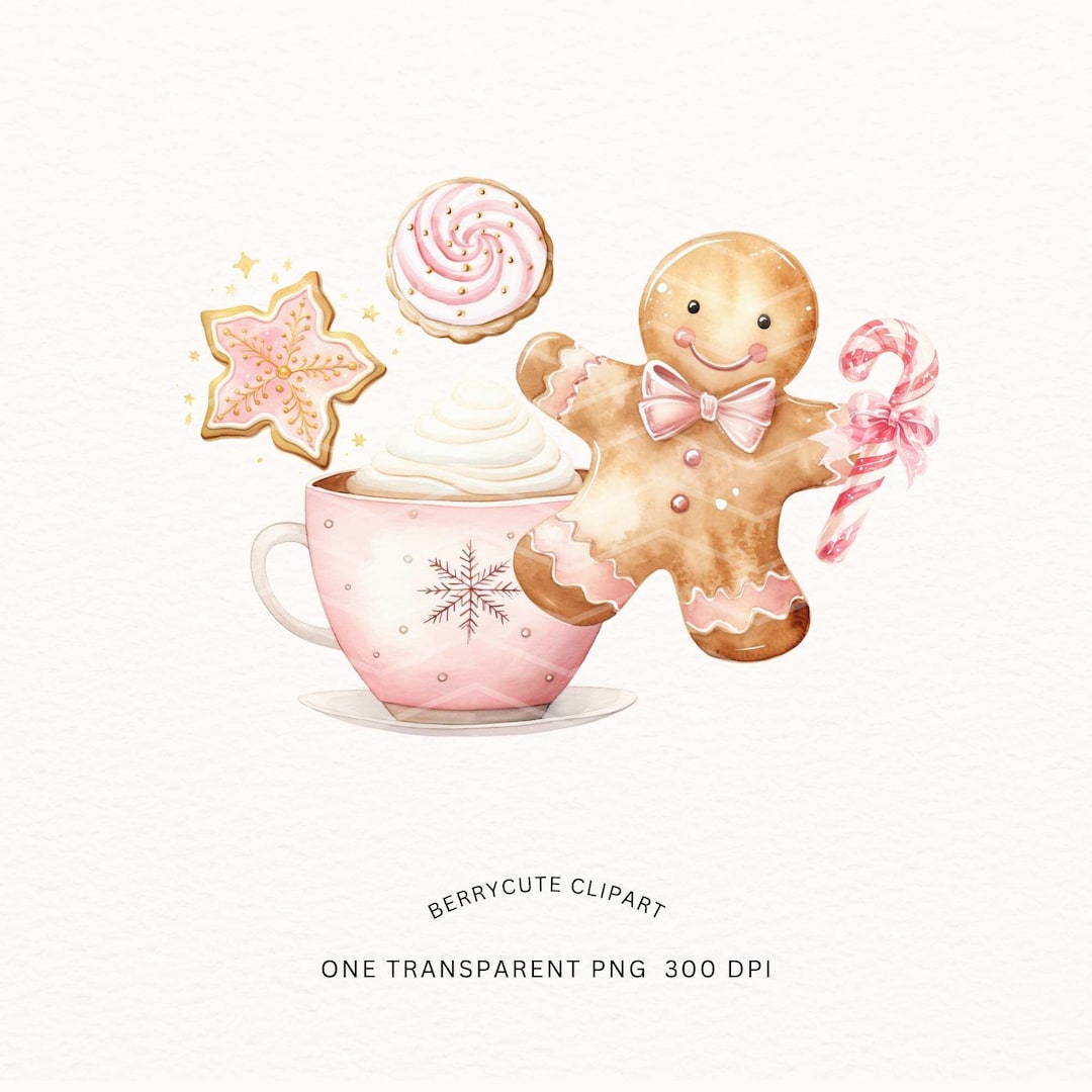 Pink Gingerbread Clipart, Pink Christmas Clipart, Watercolor Christmas ...