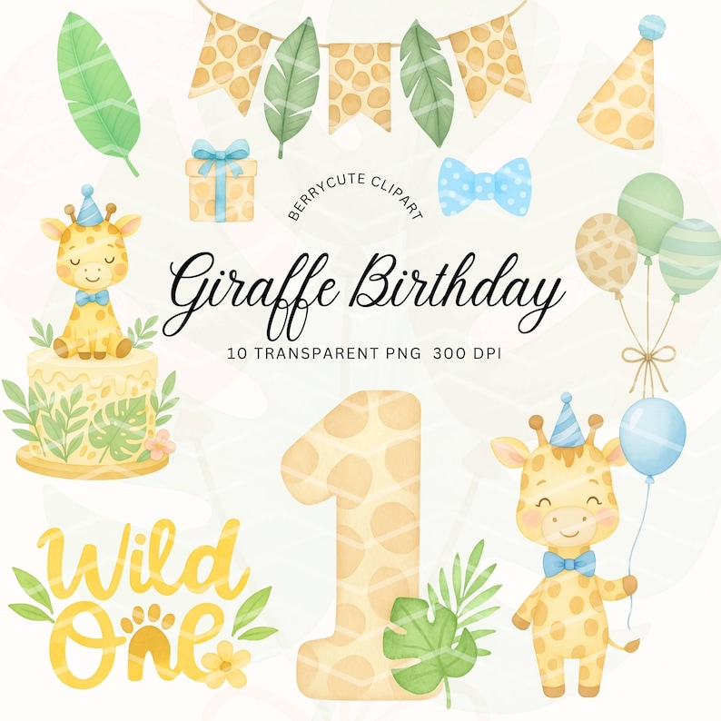 Safari Party Clipart, Cute Giraffe Clipart, First Birthday Clipart ...