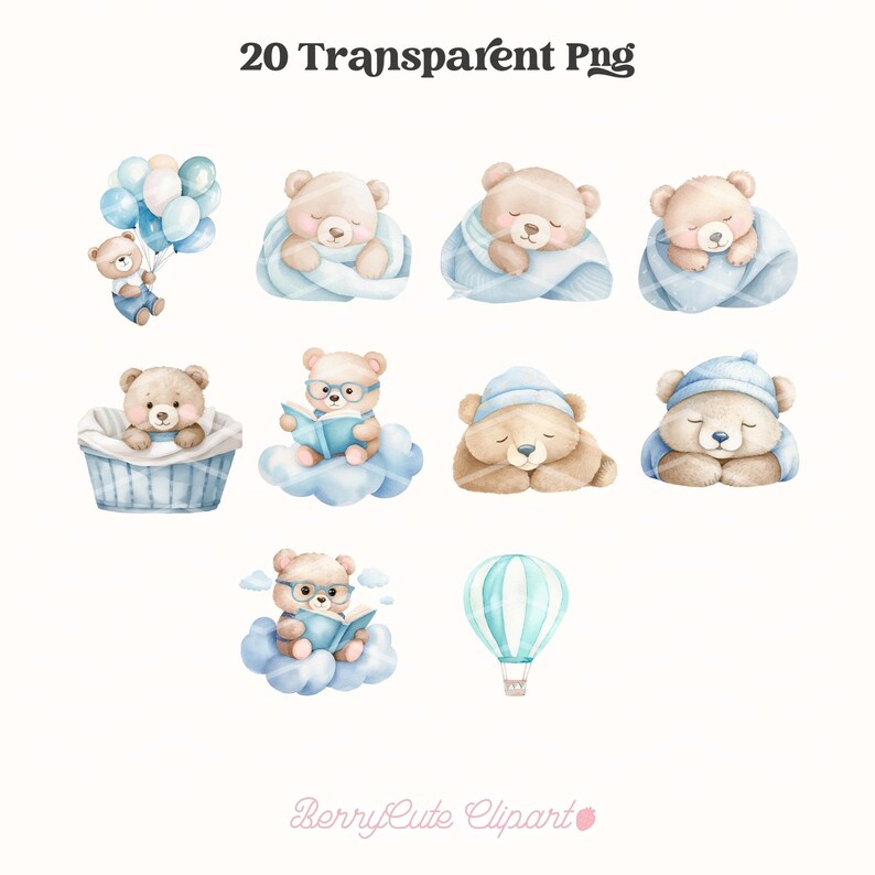 Blue Sleeping Teddy Bear Clipart Bundle, Pink Bear Png, Boho Teddy Bear ...
