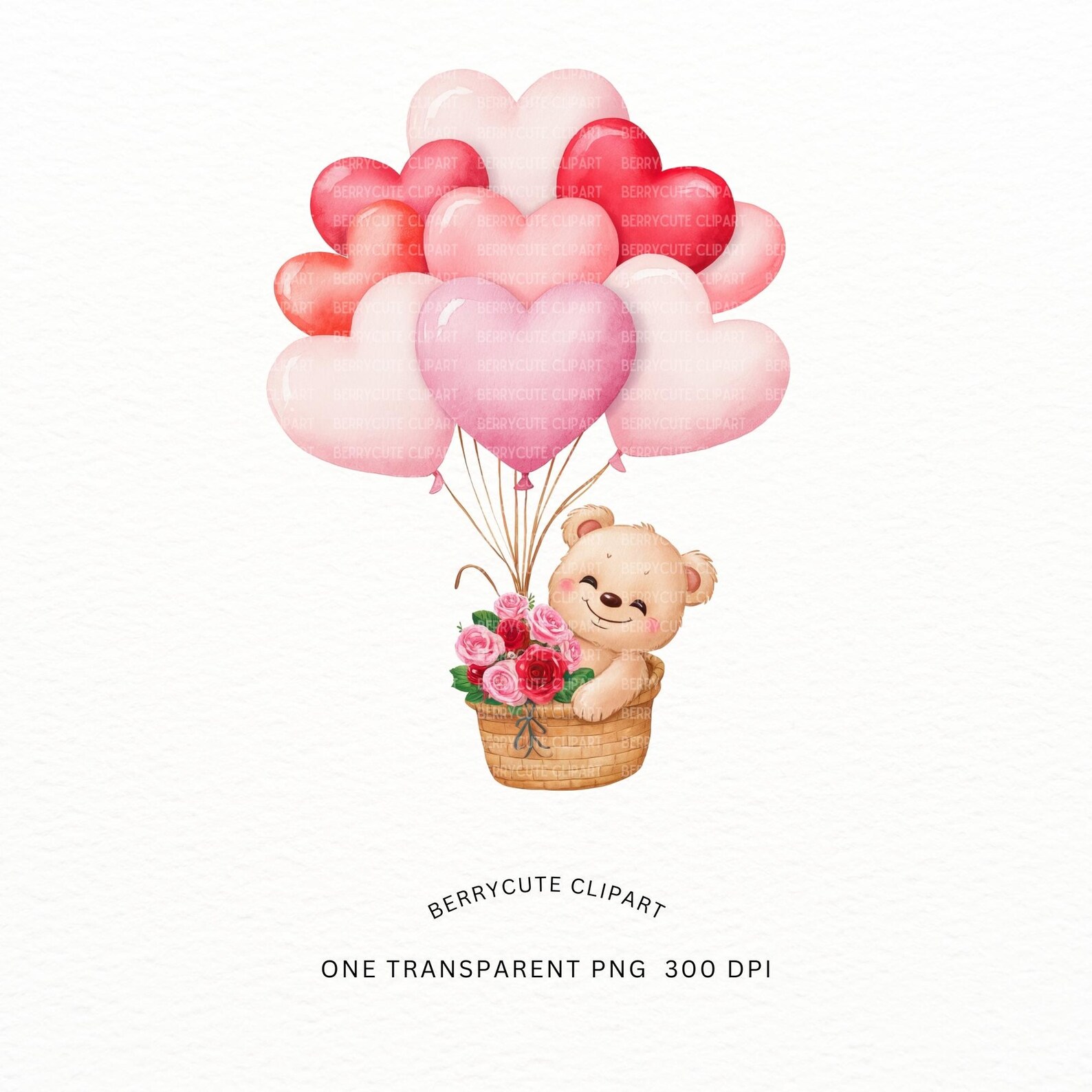 Valentine Bear Balloon Clipart, Bear in Basket Clipart, Heart Balloons ...