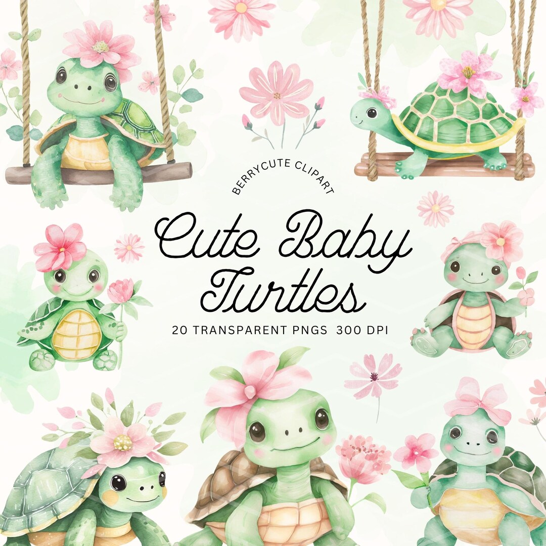 Baby Turtle With Flowers Clipart Pack, Cute Baby Turtle, Pond Life ...