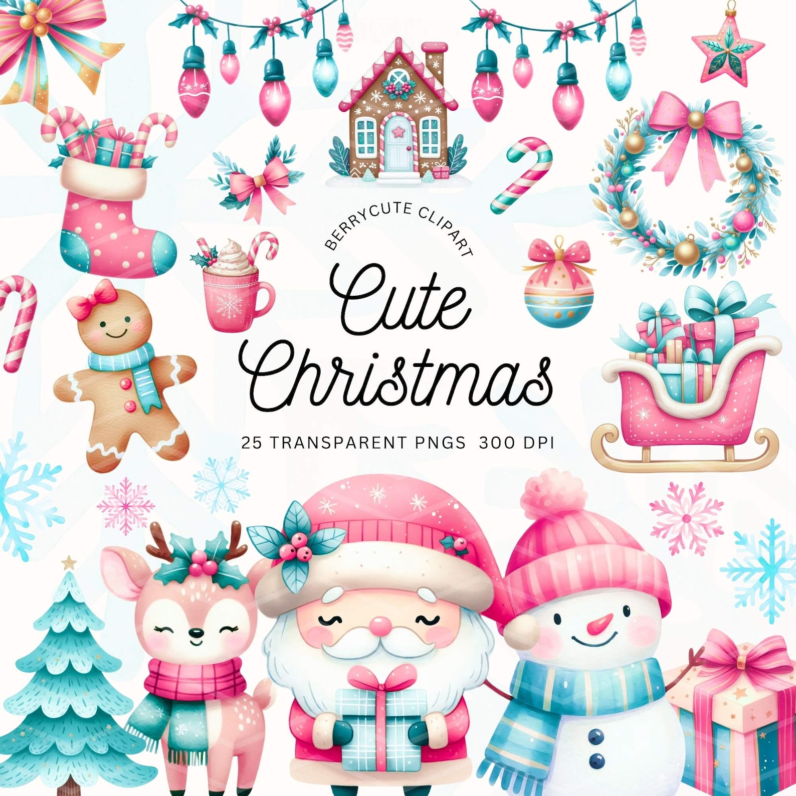 Whimsical Christmas Clipart Pack, Pink Christmas Clipart, Snowman ...