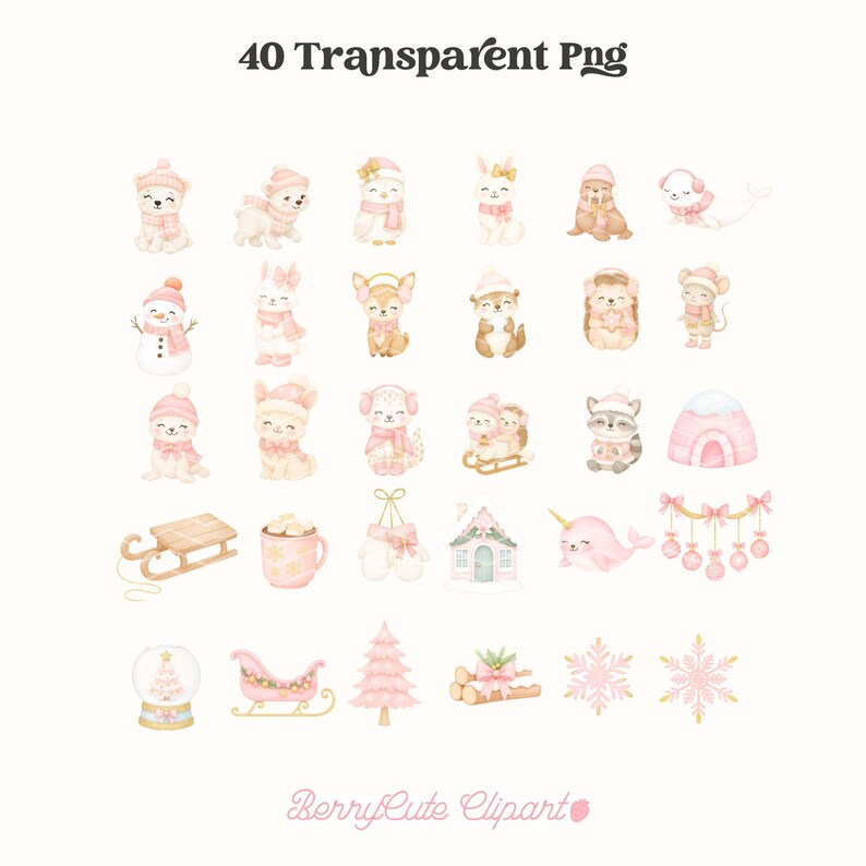 Pink Arctic Animals Clipart, Winter Wonderland PNG, Polar Bear, Snowman ...