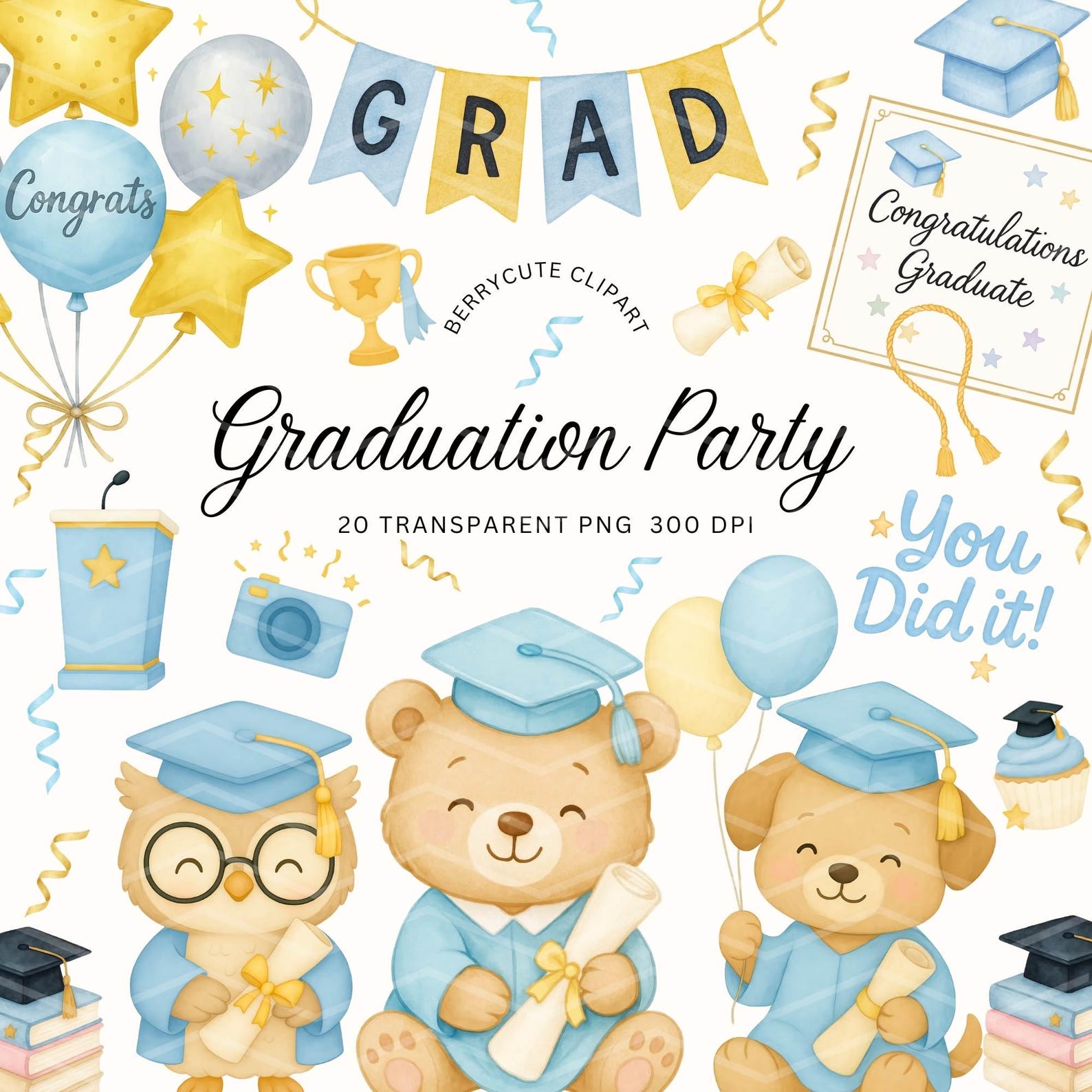 Graduation Animals Clipart, Class of 2025 PNG, Kindergarten Graduation ...