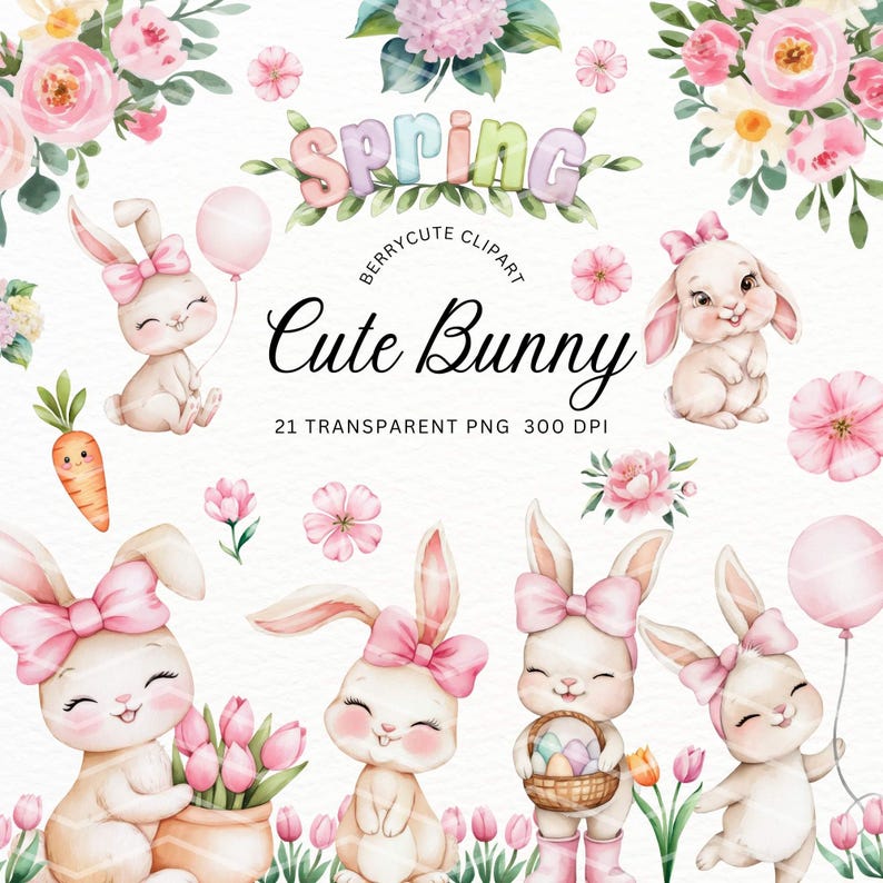 Spring Bunny Clipart Pack, Cute Easter Bunny PNG, Watercolor Rabbit ...