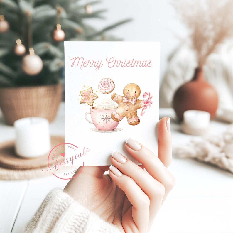 Pink Gingerbread Clipart, Pink Christmas Clipart, Watercolor Christmas ...