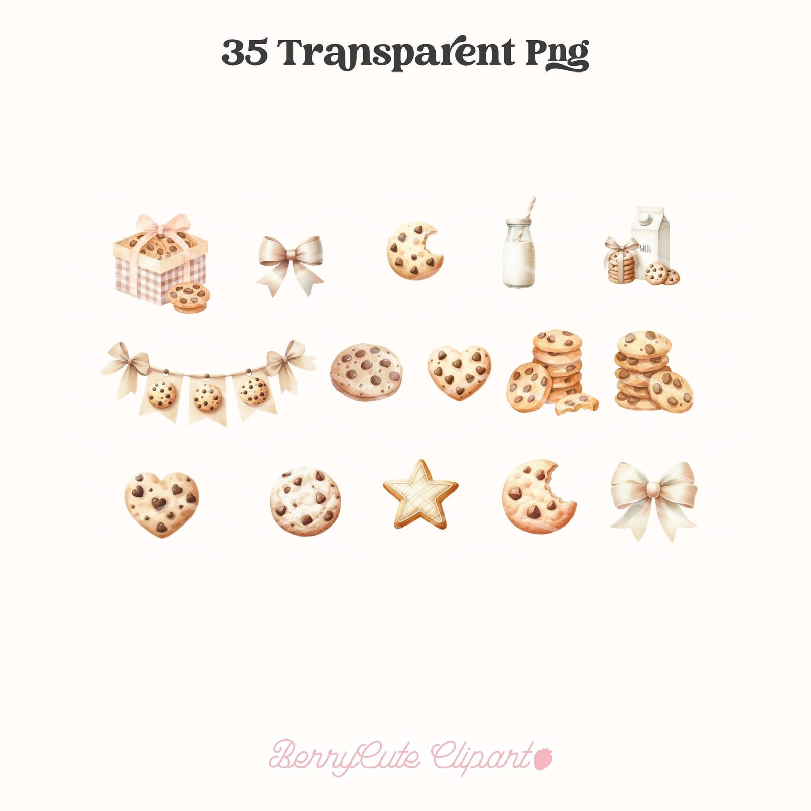 Milk and Cookies Clipart Pack, Watercolor Chocolate Chip Cookies, Sweet ...