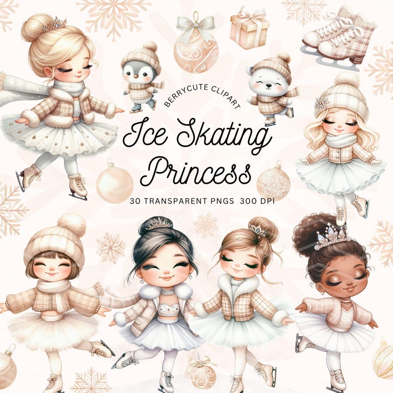 Ice Skating Princess Clipart Pack, Christmas Ballerina Clipart, Boho ...