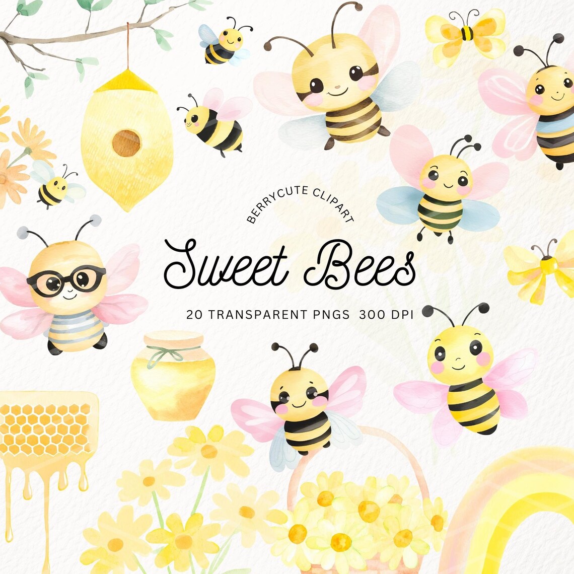 Cute Bee Watercolor Clipart Pack, Baby Bee Png, Honey Clipart, Bee ...