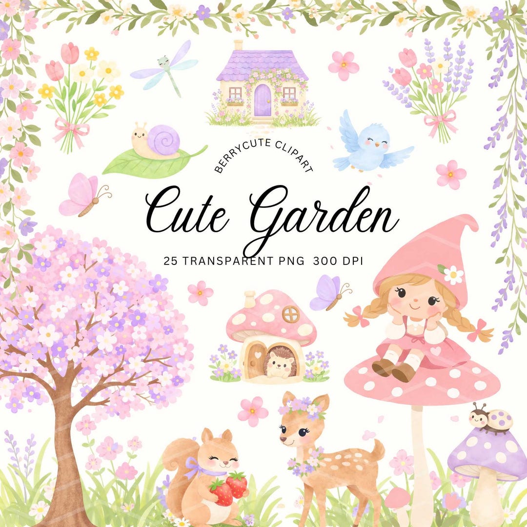 Cottagecore Garden Clipart Bundle, Watercolor Garden Png, Gnome Girl ...