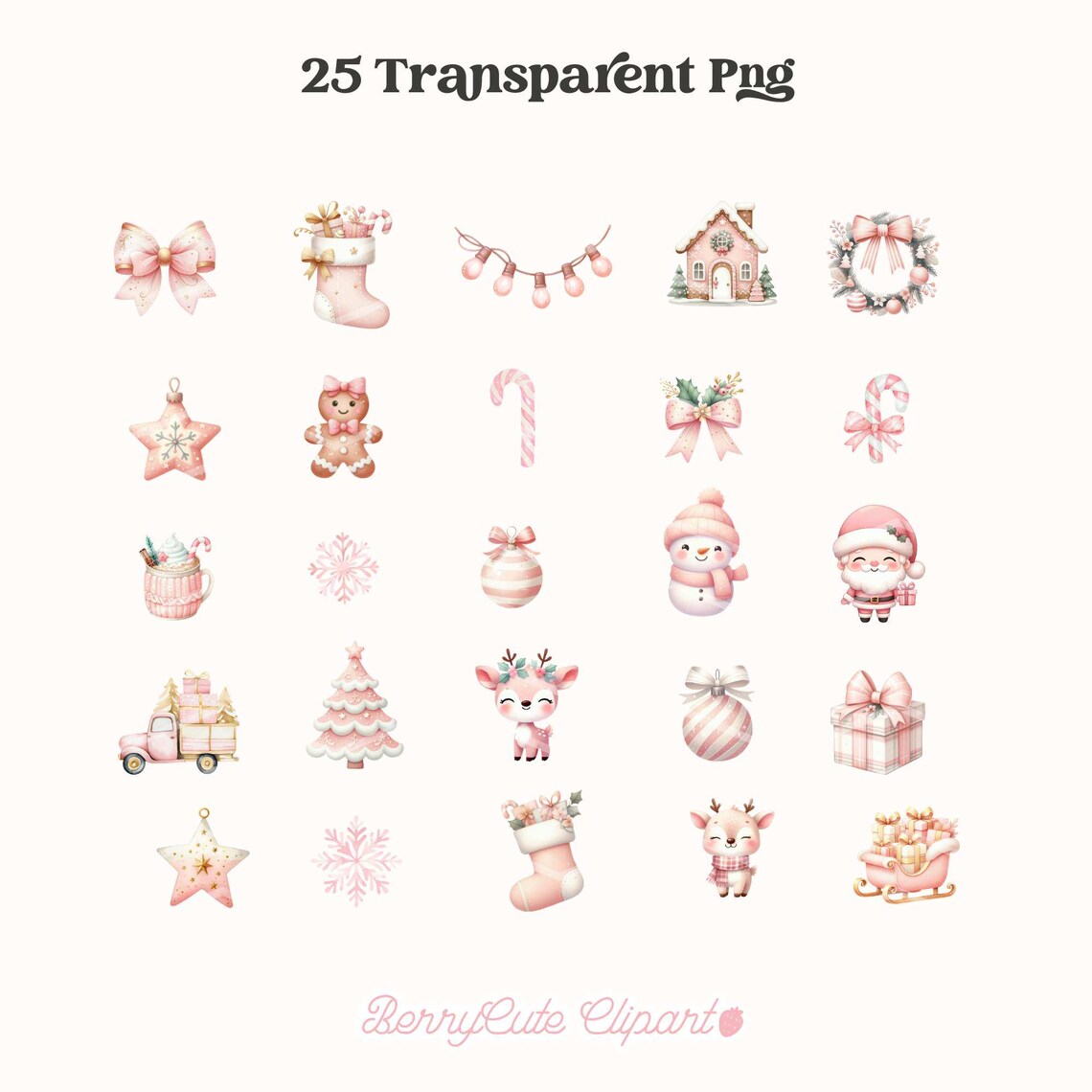Watercolor Pink Christmas Clipart Pack, Pink Christmas Boho, Christmas ...