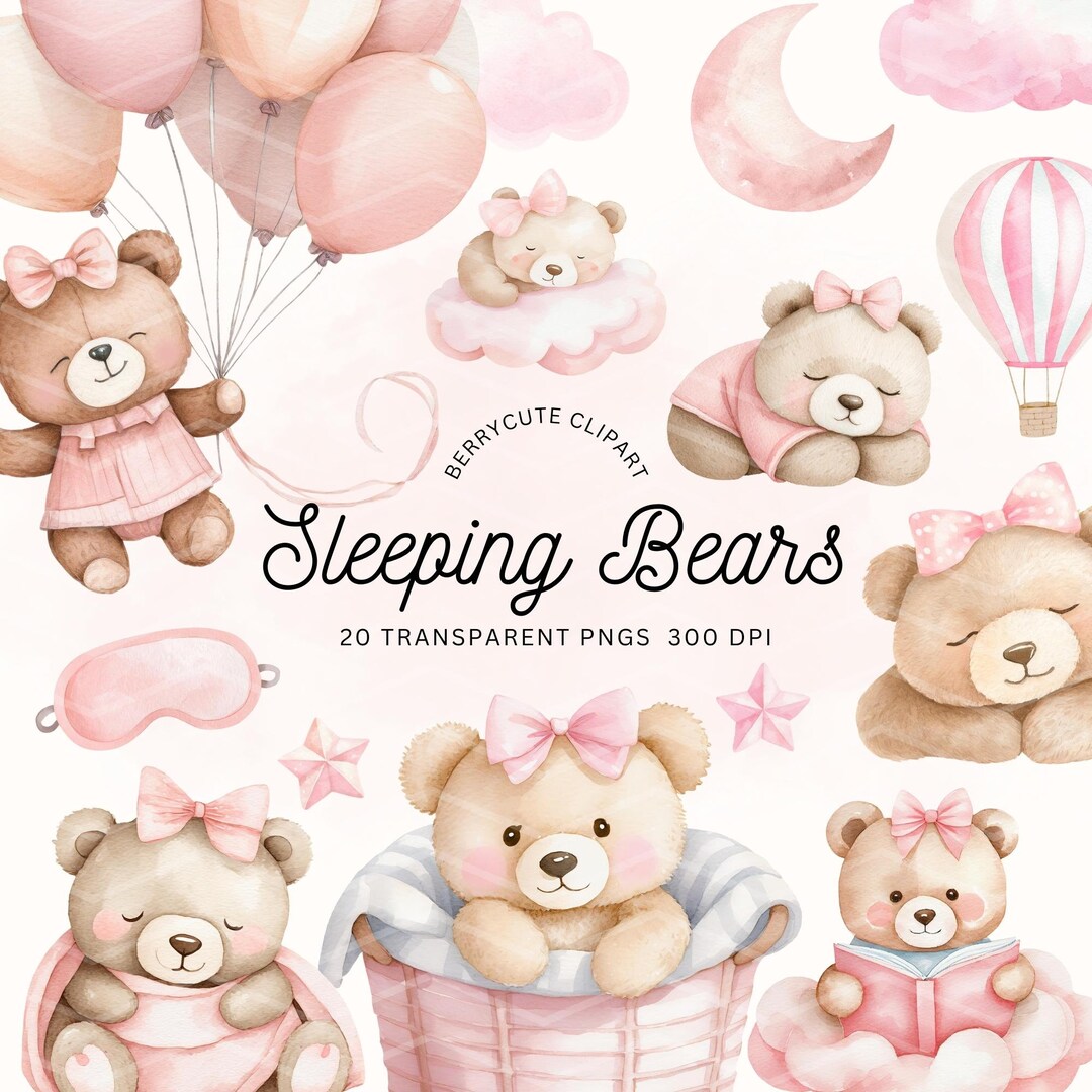 Pink Sleeping Teddy Bear Clipart Bundle, Pink Bear Png, Boho Teddy Bear ...