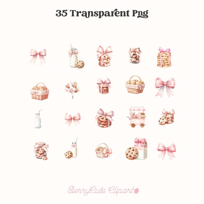 Milk and Cookies Clipart Pack, Pink, Watercolor Chocolate Chip Cookies ...