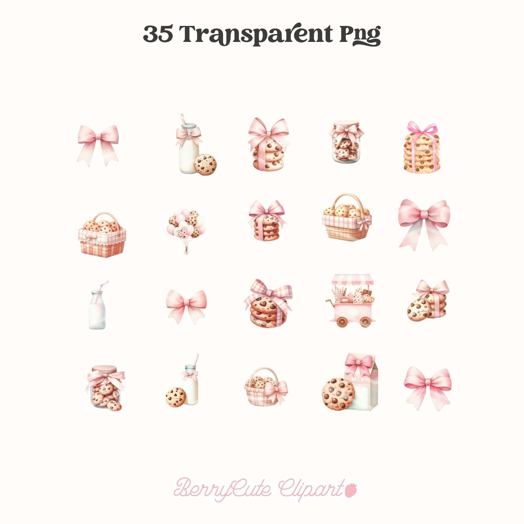 Milk and Cookies Clipart Pack, Pink, Watercolor Chocolate Chip Cookies ...