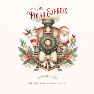 Red Christmas Train Clipart: Santa & Reindeer Watercolor PNG, Polar ...