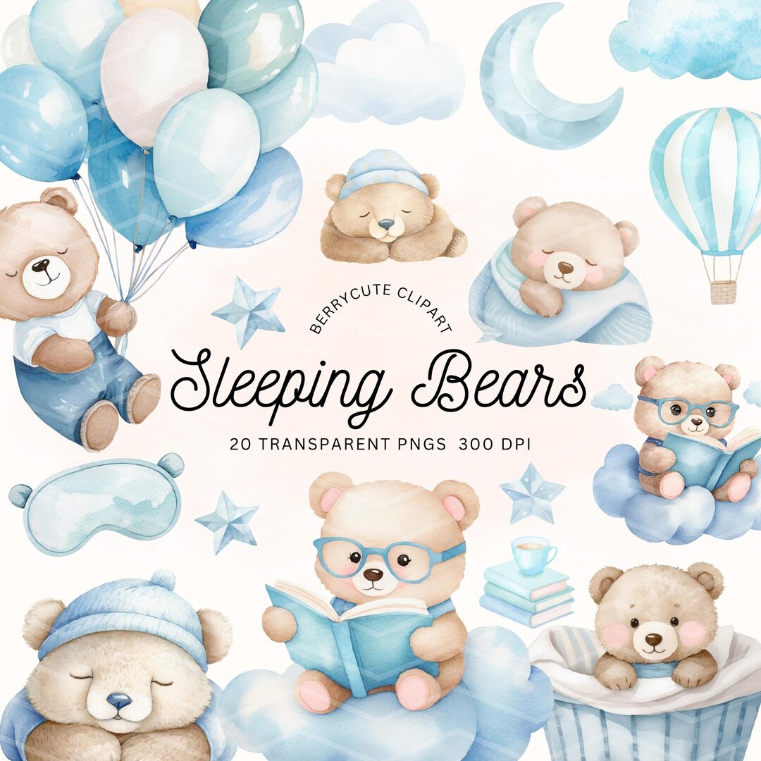 Blue Sleeping Teddy Bear Clipart Bundle, Pink Bear Png, Boho Teddy Bear ...