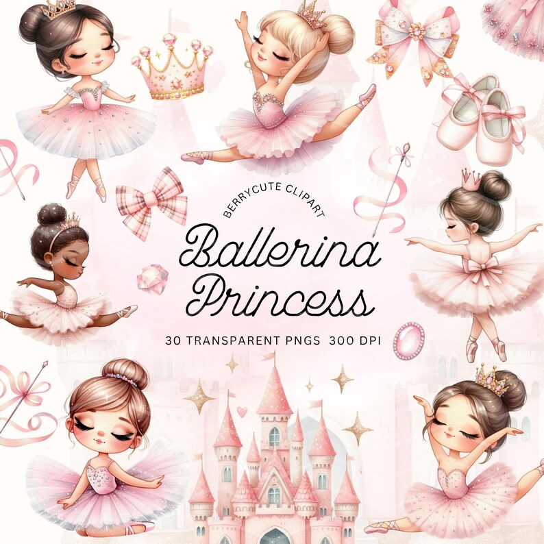 Princess Ballerina Clipart Pack, Pink Princess Clipart, Cute Ballerinas ...