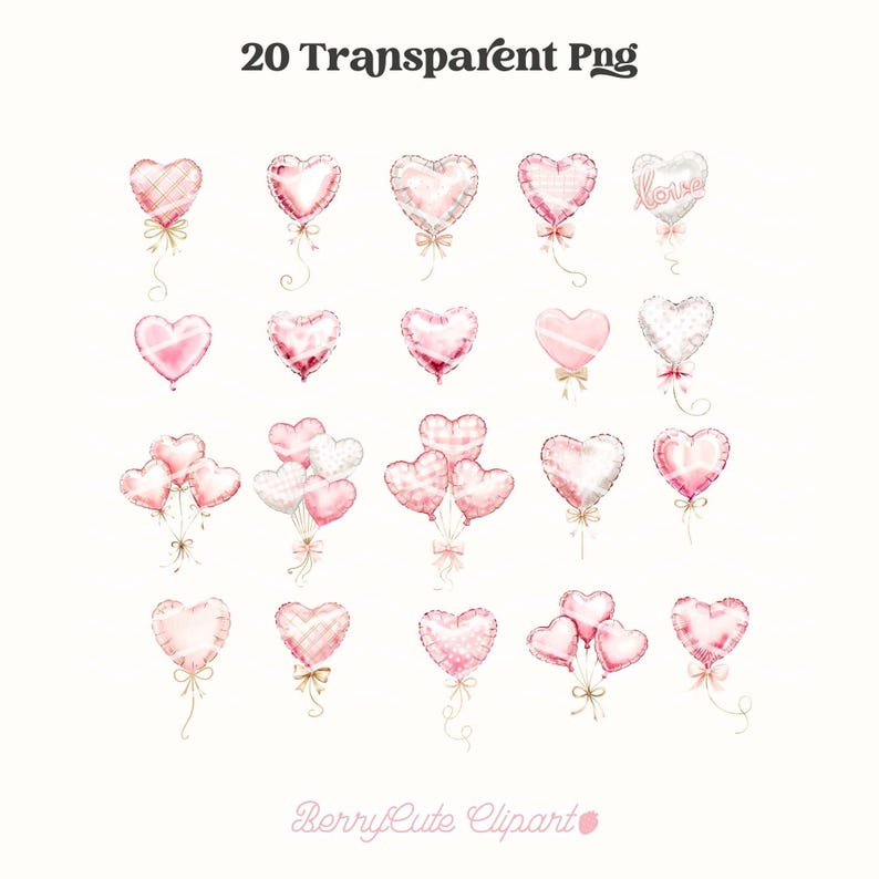 Heart Balloons Clipart Pack, Pink Heart Balloons Png, Cute Love ...