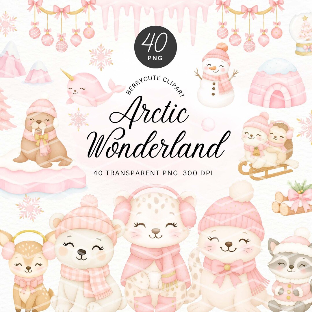 Pink Arctic Animals Clipart, Winter Wonderland PNG, Polar Bear, Snowman ...